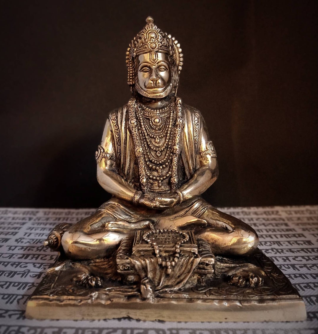 8"inch Brass Lord Hanuman Sitting Statue With Gada & Reading Book Hindu ...