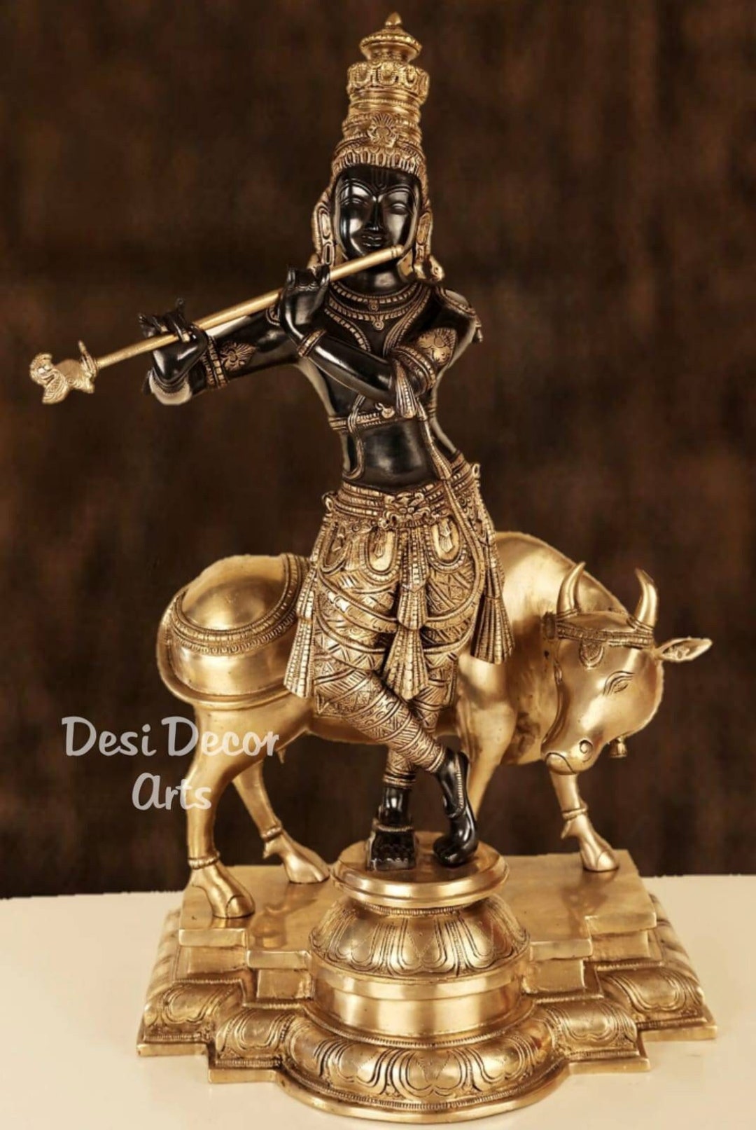 Large Brass Cow Krishna Statue, 25" Cow Krishna, Flute Playing Krishna ...