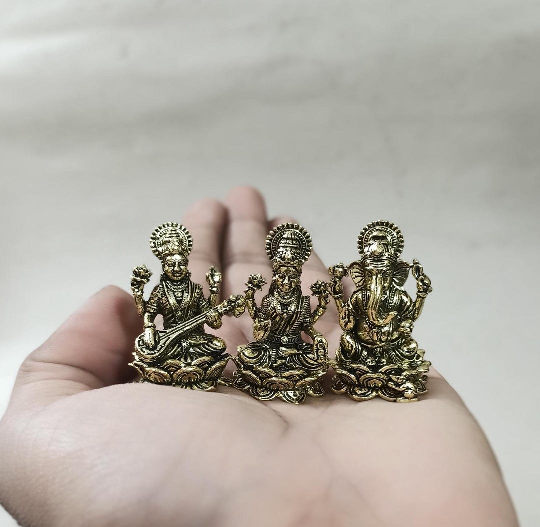 Brass Lakshmi Ganesha Saraswati Statues: Diwali Puja Temple Decor - Etsy
