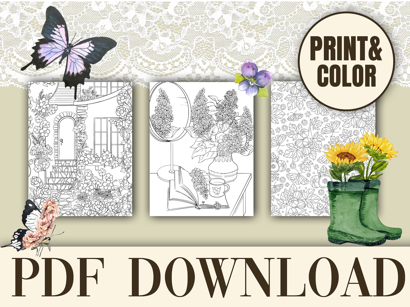 Cottagecore Coloring Pages: Adult Botanical Garden Designs (digital ...