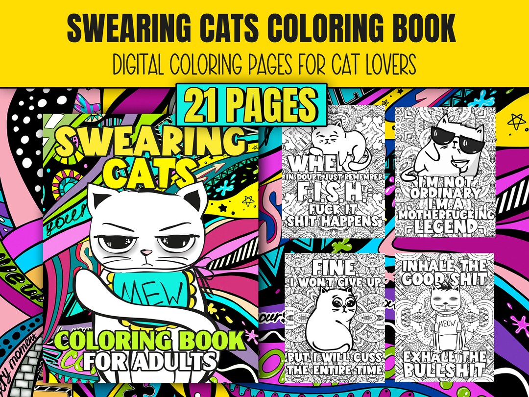 Swearing Cats Coloring Book DIGITAL PDF, Swear Words and Kittens ...