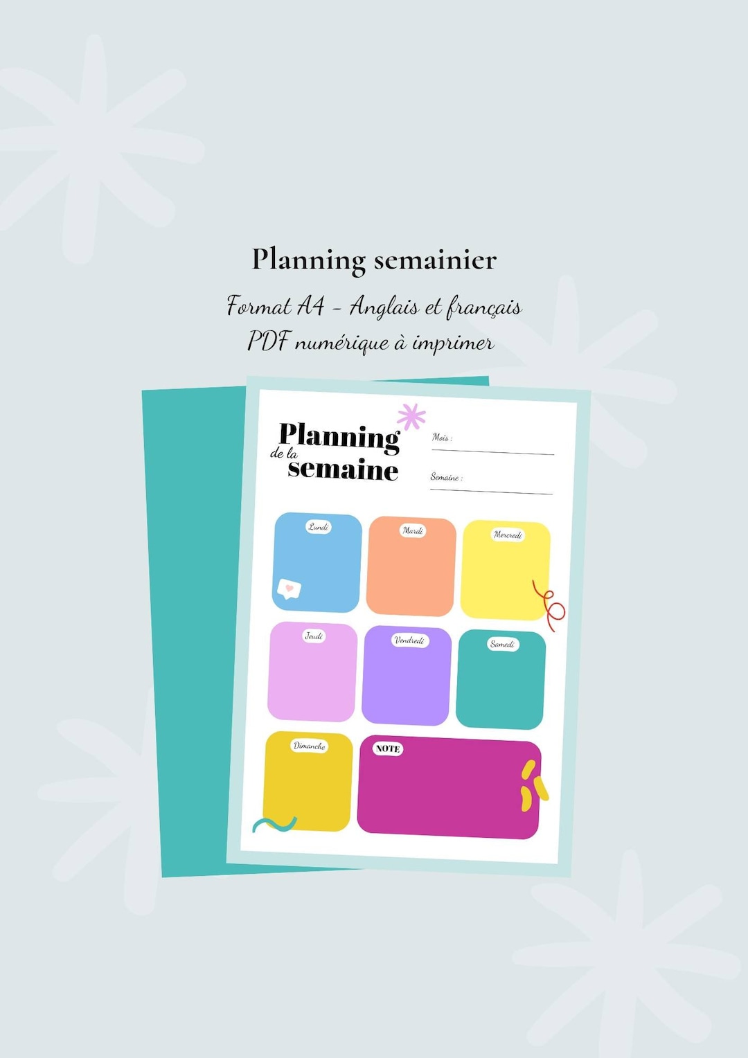 Planner semaine coloré à imprimer sans date, semainier PDF pop, A4 ...