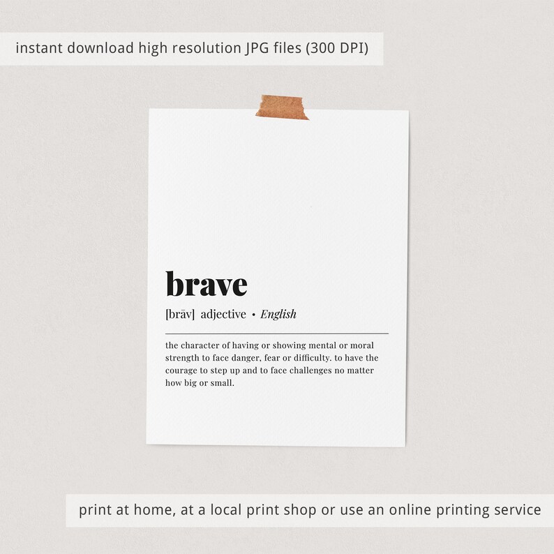 Brave Definition Printable Wall Art Brave Meaning Bravery Poster ...
