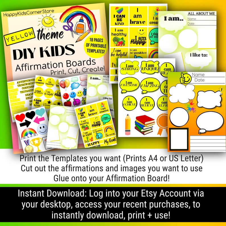 Yellow Themed Kids Affirmation Board Templates - DIY Printable (instant ...