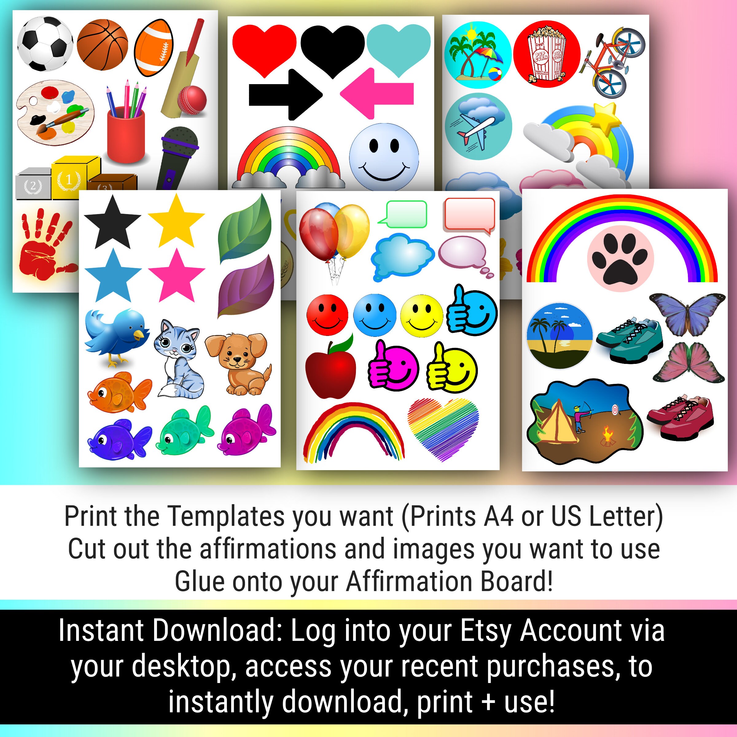 RAINBOW Themed DIY KIDS Printable Affirmation Board Templates -for Kids ...