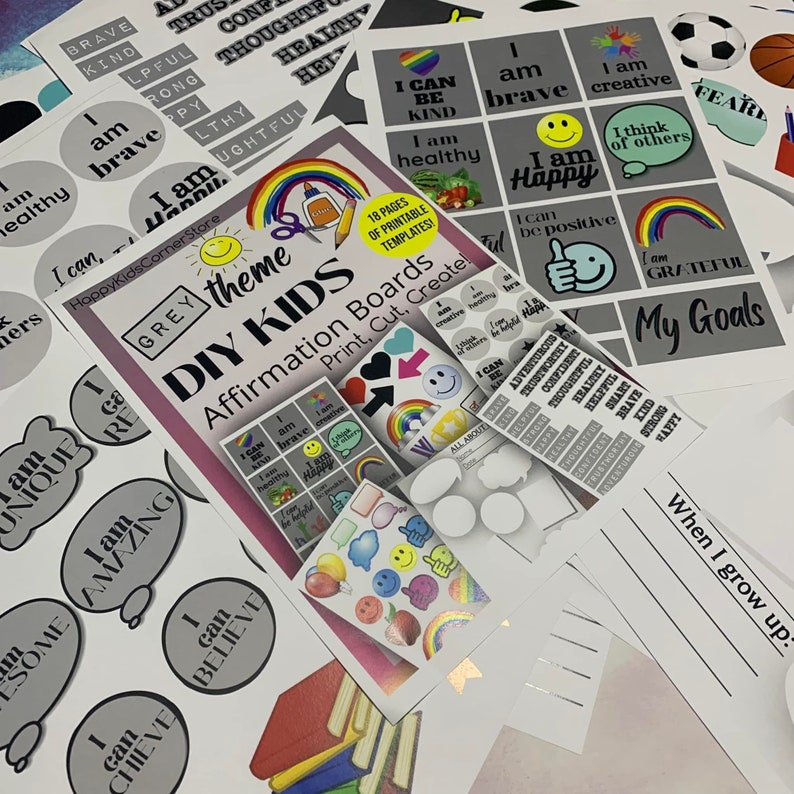 GREY Themed DIY KIDS Printable Affirmation Board Templates - for Kids ...