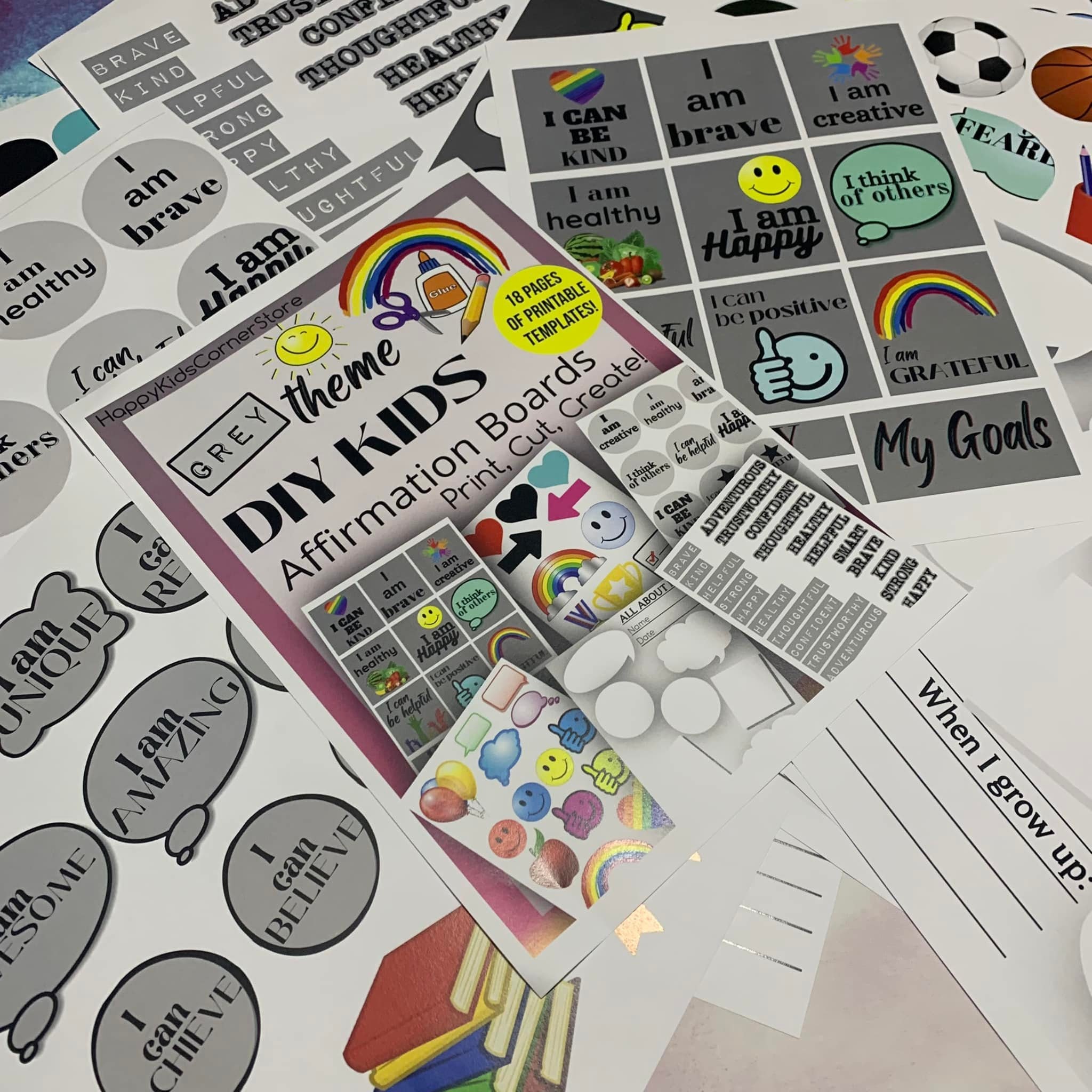 GREY Themed DIY KIDS Printable Affirmation Board Templates - for Kids ...