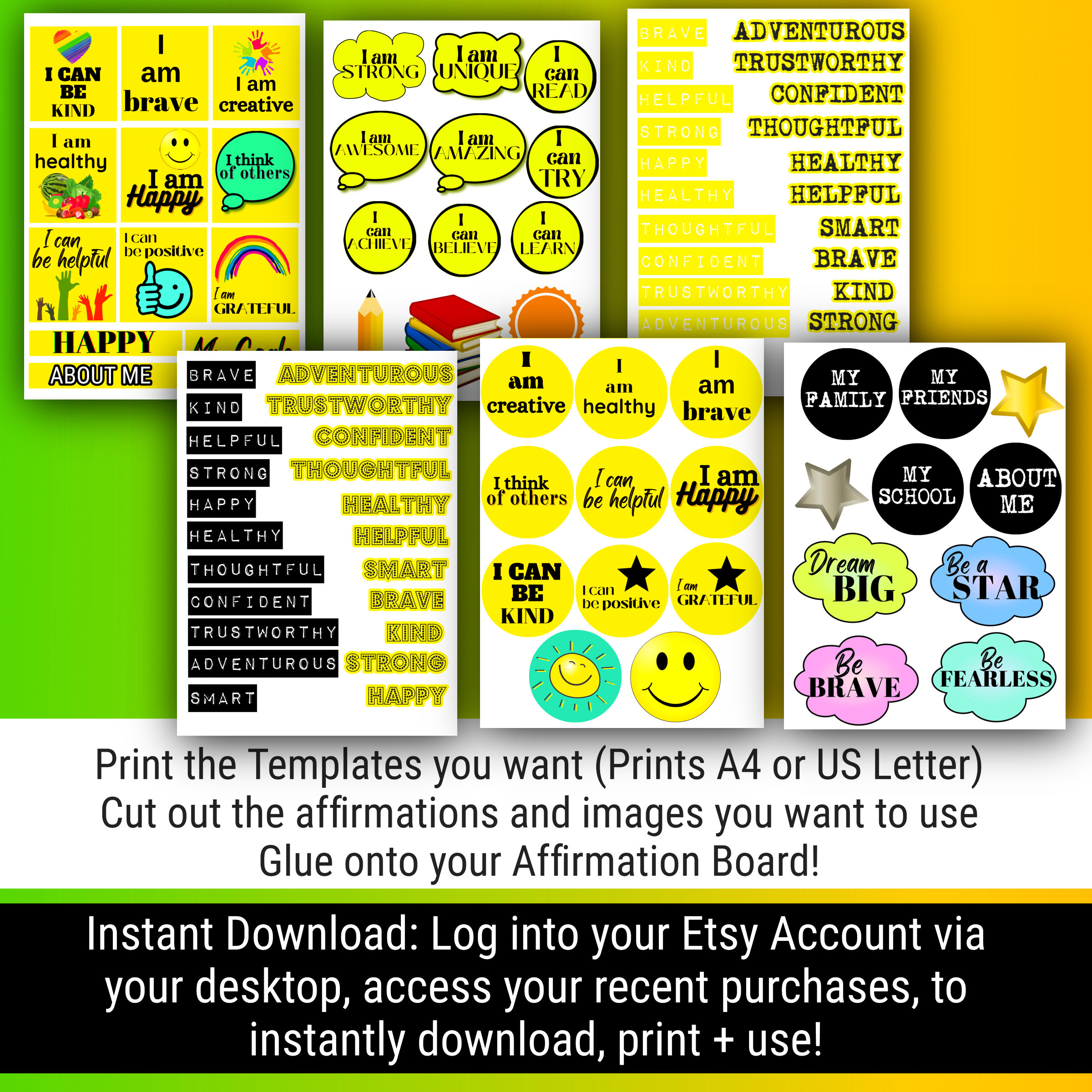 Yellow Themed Kids Affirmation Board Templates - DIY Printable (instant ...