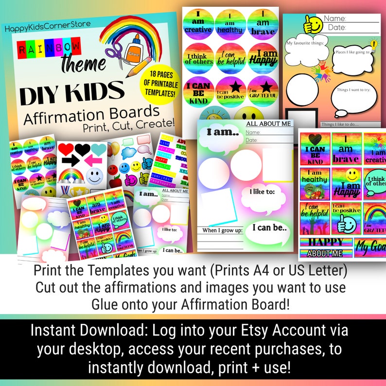 RAINBOW Themed DIY KIDS Printable Affirmation Board Templates -for Kids ...