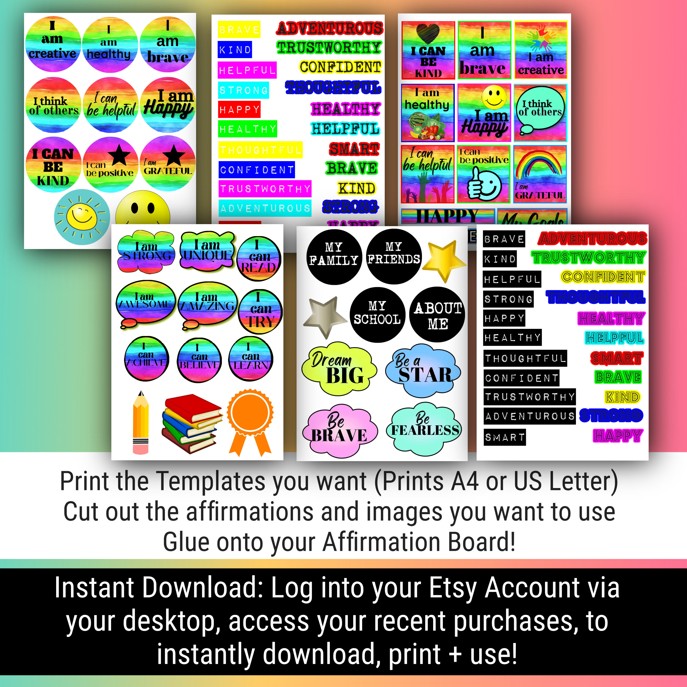 RAINBOW Themed DIY KIDS Printable Affirmation Board Templates -for Kids ...