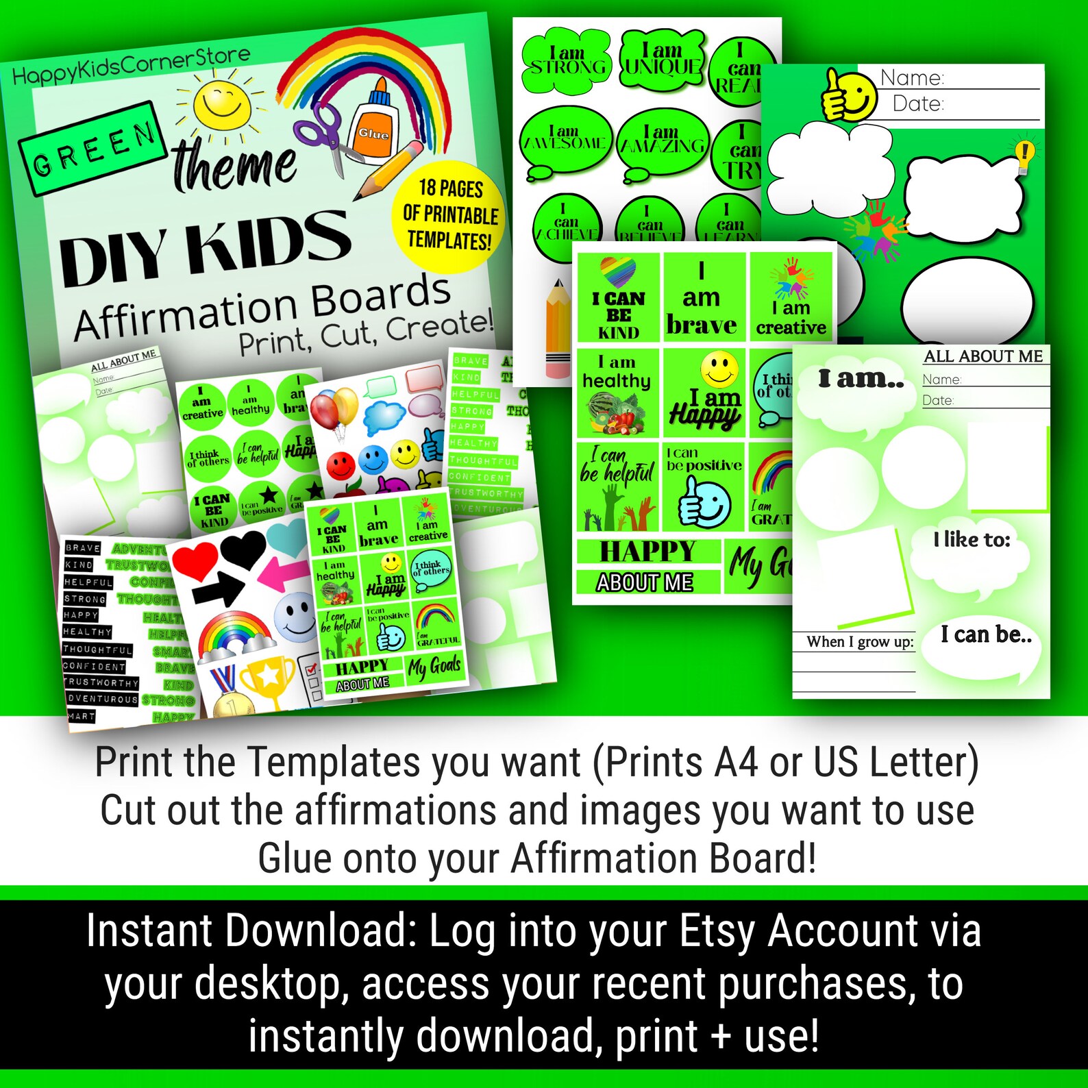 GREEN Themed DIY KIDS Printable Affirmation Board Templates - for Kids ...