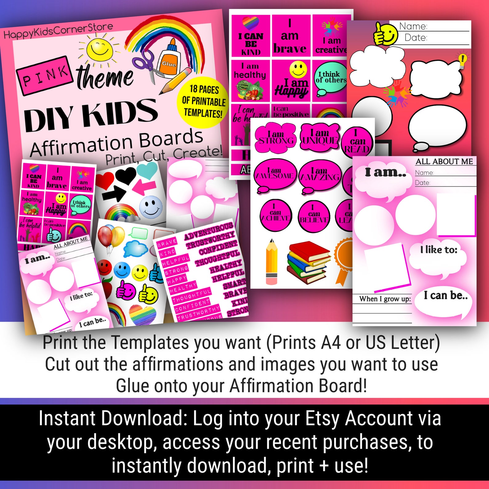 PINK Themed DIY KIDS Printable Affirmation Board Templates - for Kids ...