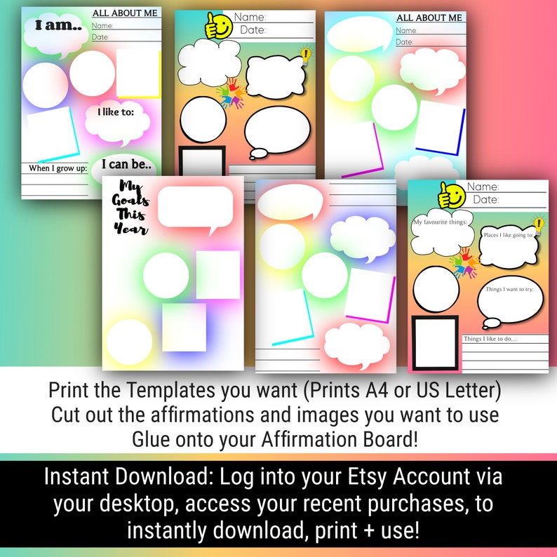 RAINBOW Themed DIY KIDS Printable Affirmation Board Templates -for Kids ...