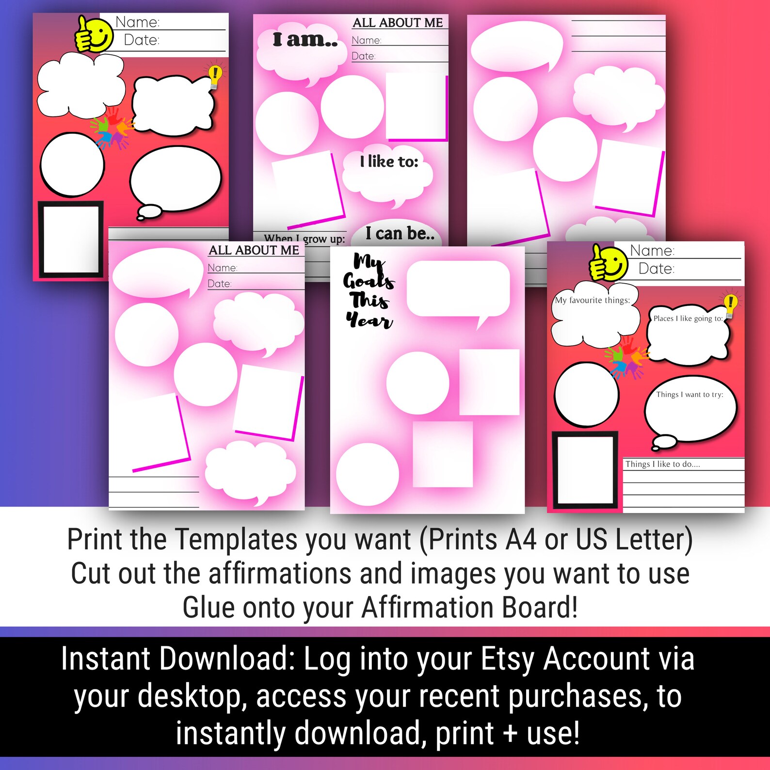 PINK Themed DIY KIDS Printable Affirmation Board Templates - for Kids ...