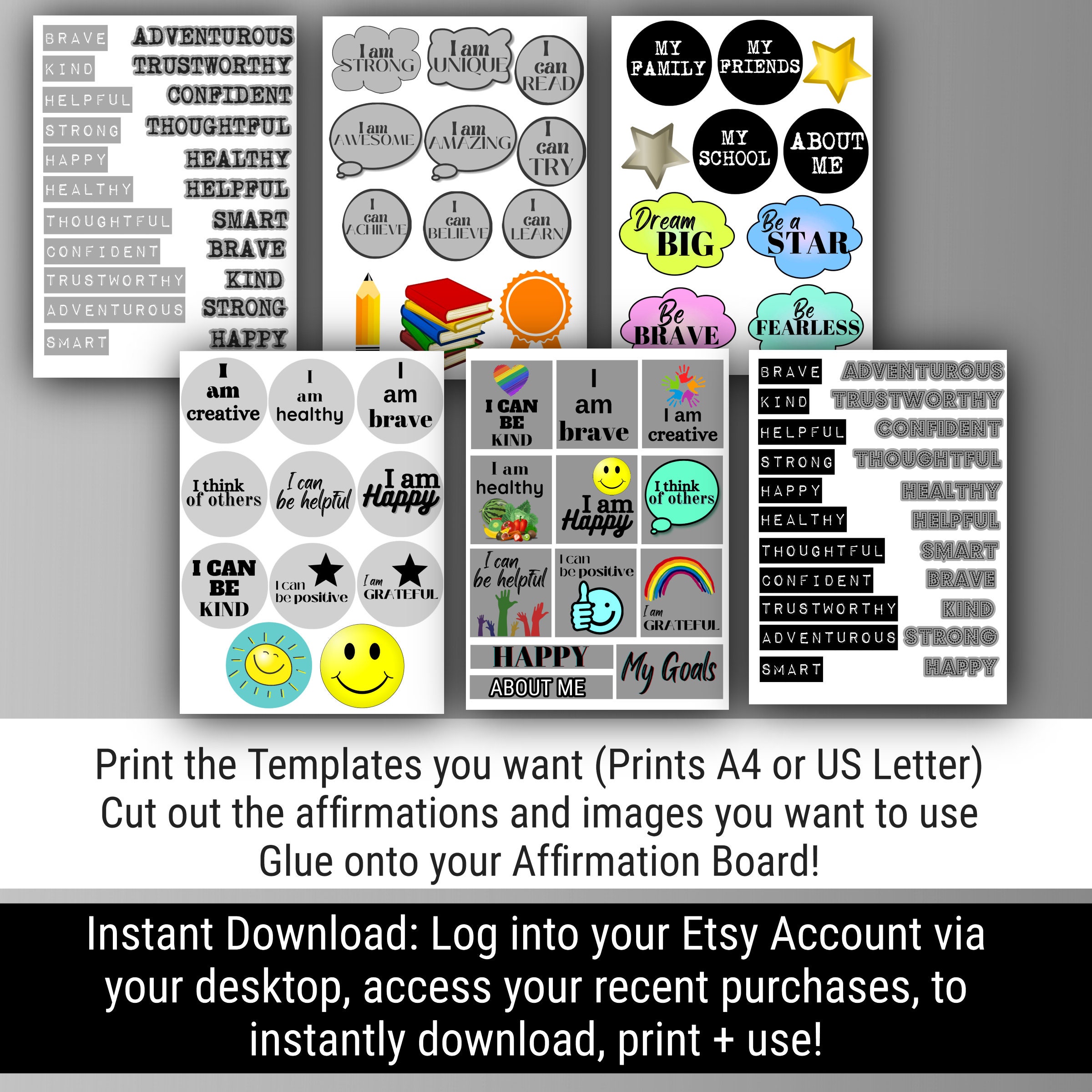 GREY Themed DIY KIDS Printable Affirmation Board Templates - for Kids ...