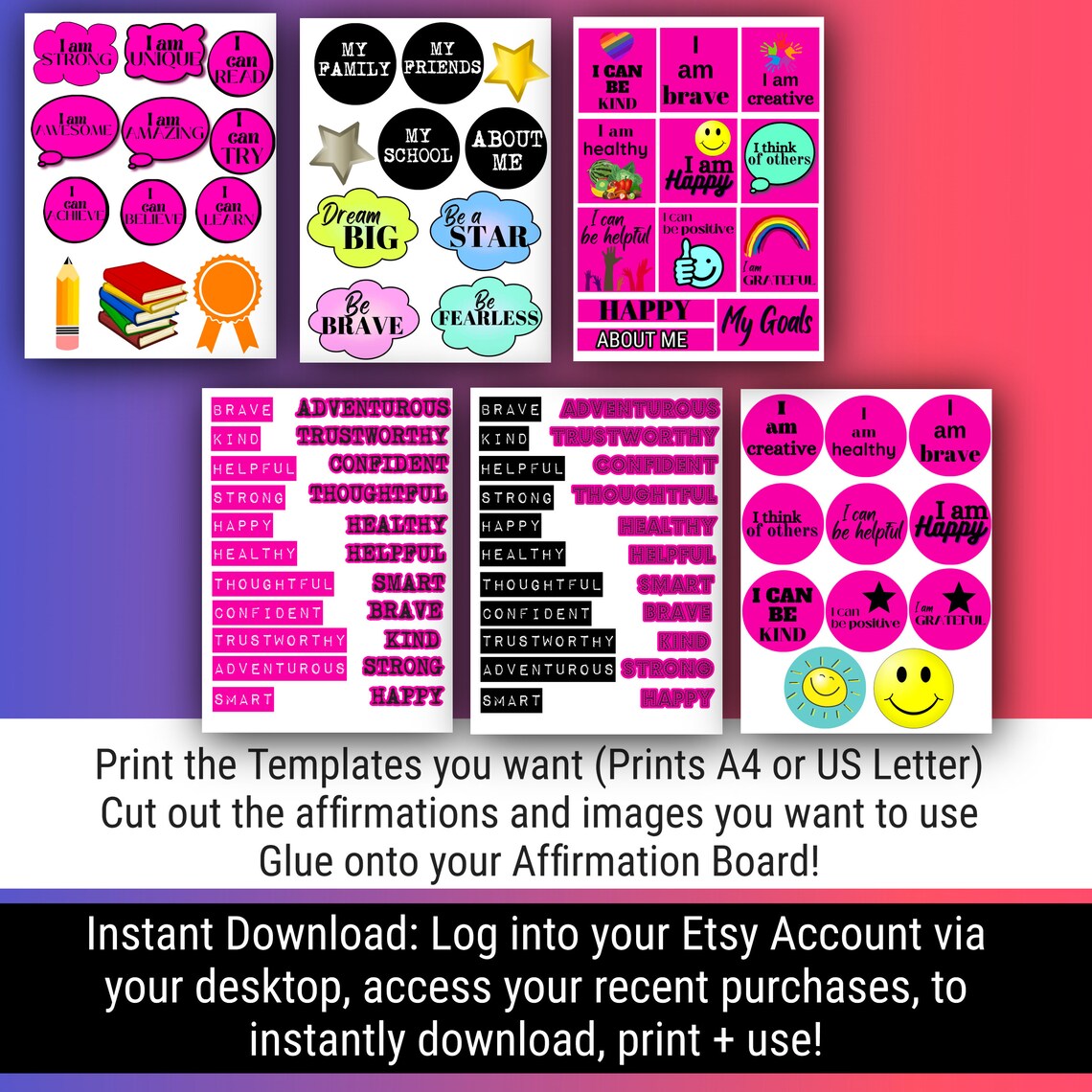 PINK Themed DIY KIDS Printable Affirmation Board Templates - for Kids ...