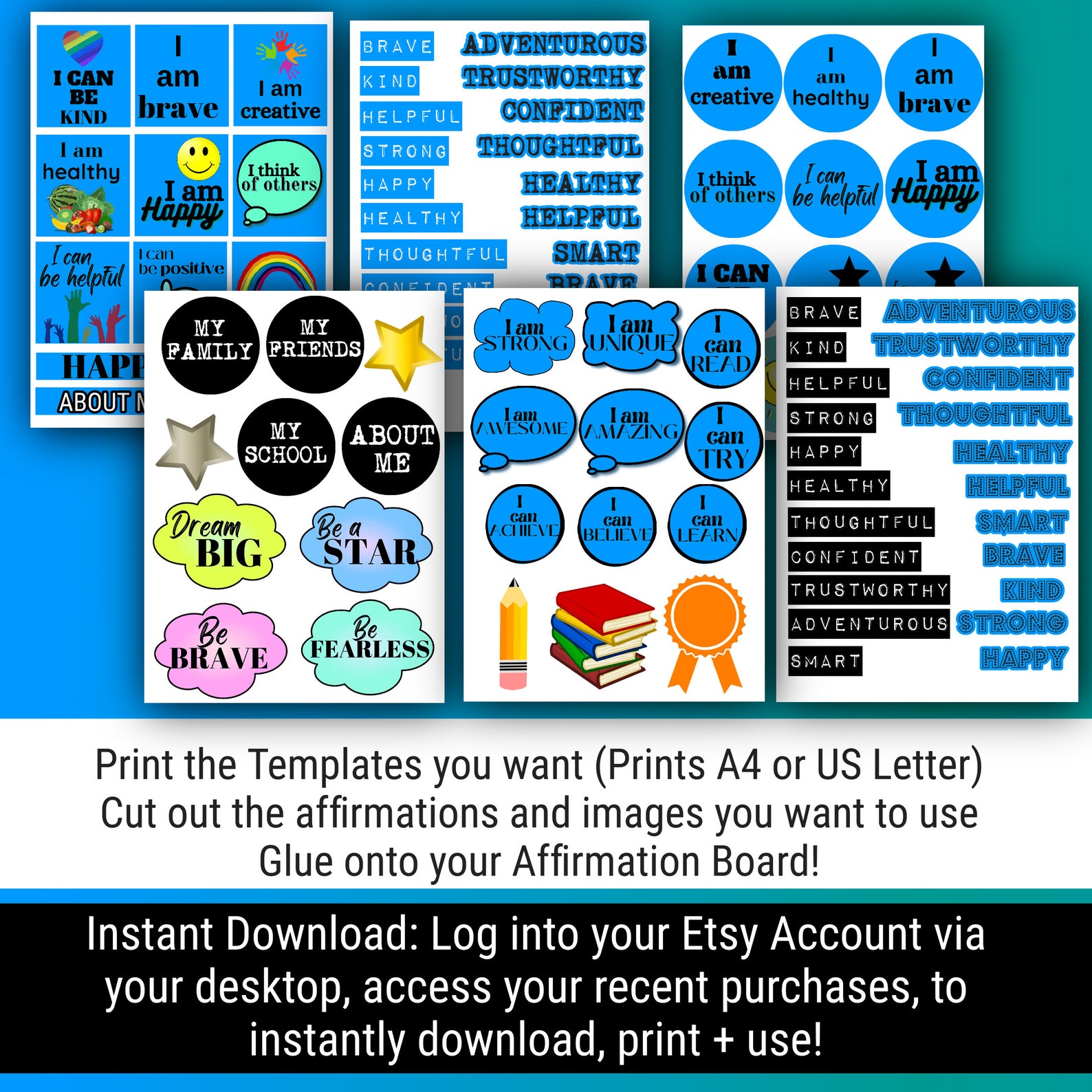 BLUE Themed DIY KIDS Printable Affirmation Board Templates for Kids to ...