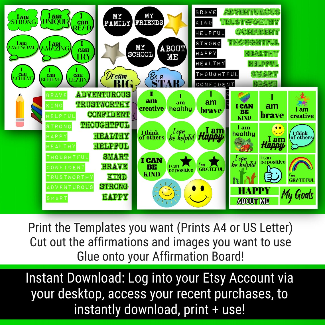 GREEN Themed DIY KIDS Printable Affirmation Board Templates - Etsy ...