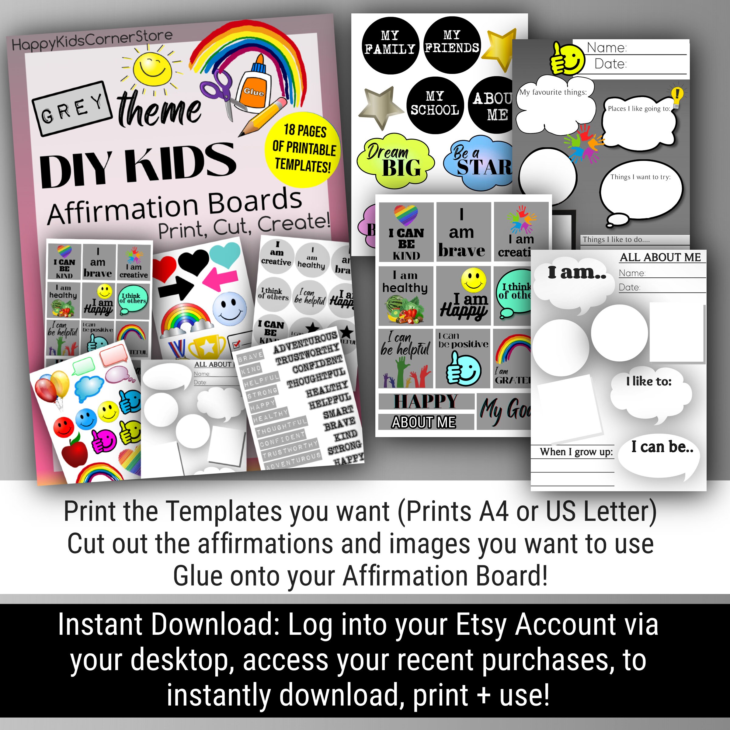 GREY Themed DIY KIDS Printable Affirmation Board Templates - for Kids ...