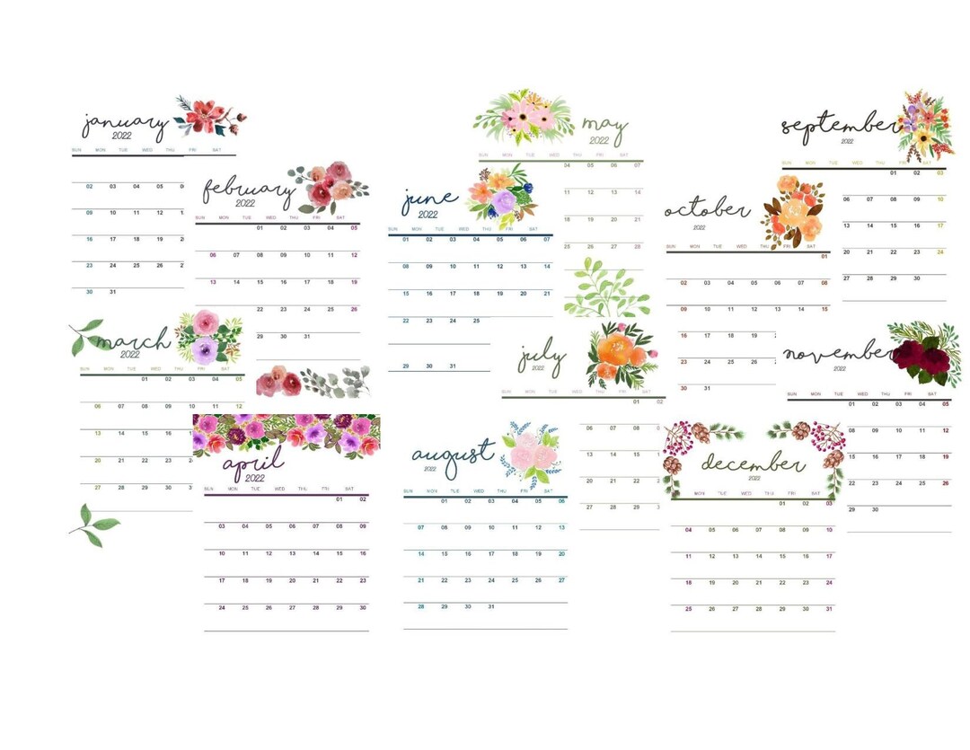 2022 Calendar Printable- Instant Download- Watercolor Floral - Etsy