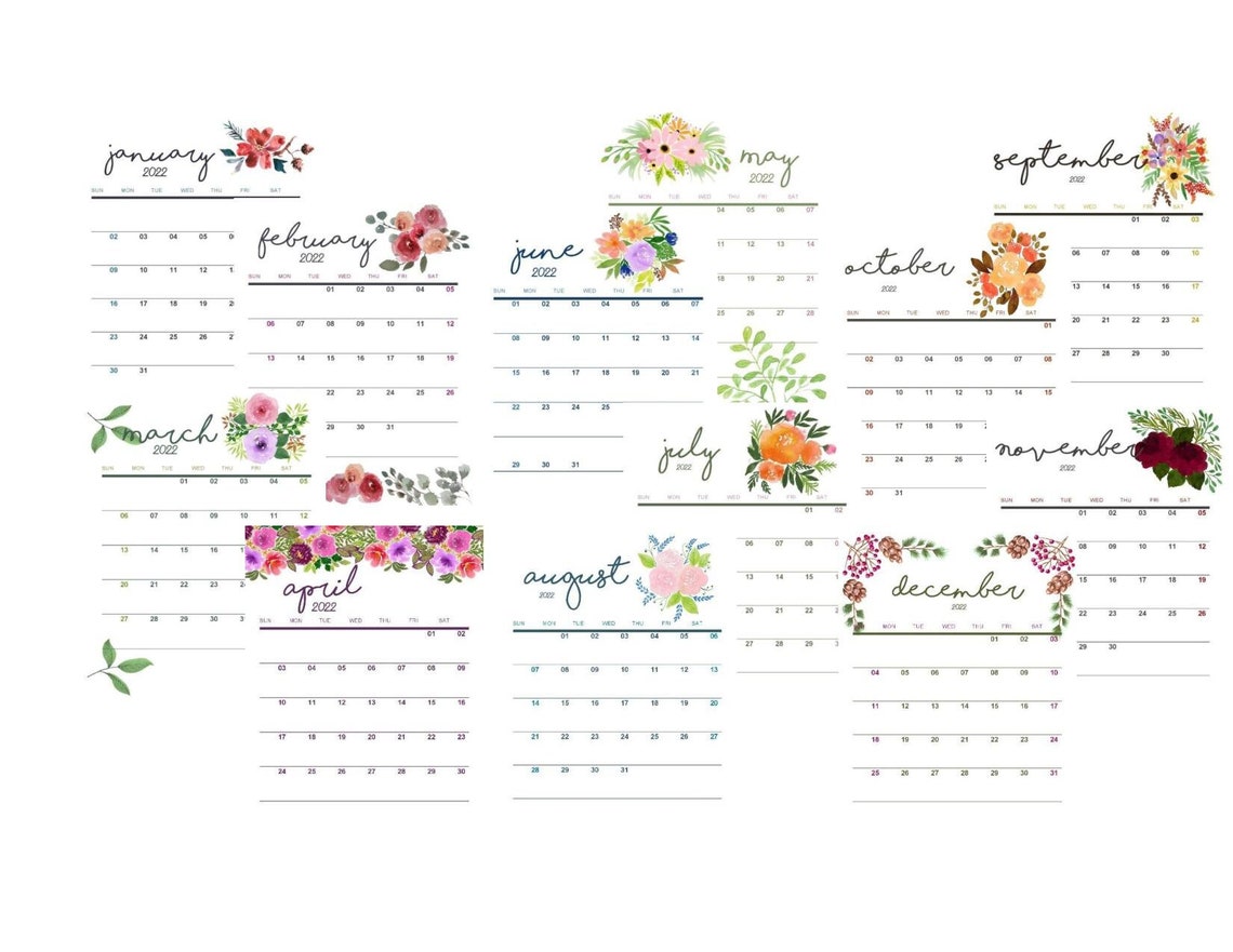 2022 Calendar Printable- Instant Download- Watercolor Floral - Etsy