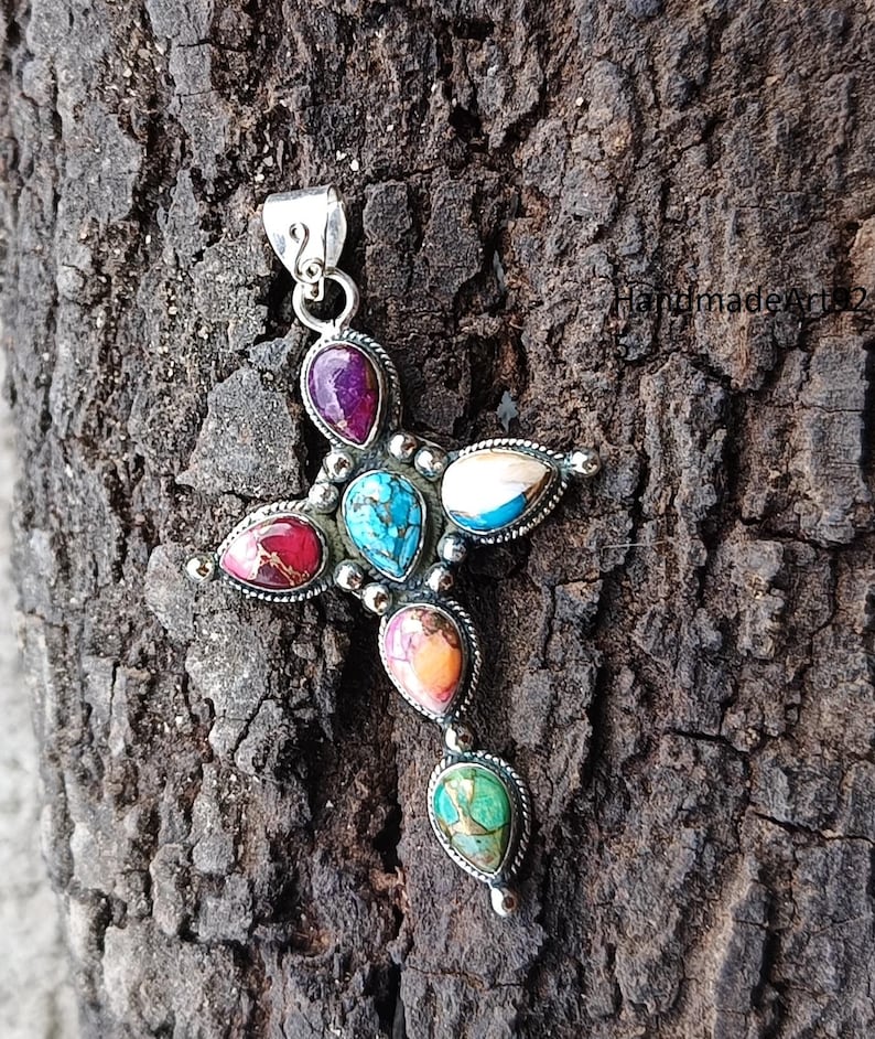 Sterling Silver Multi Gemstone Cross Pendant: Handmade Women's Jewelry ...