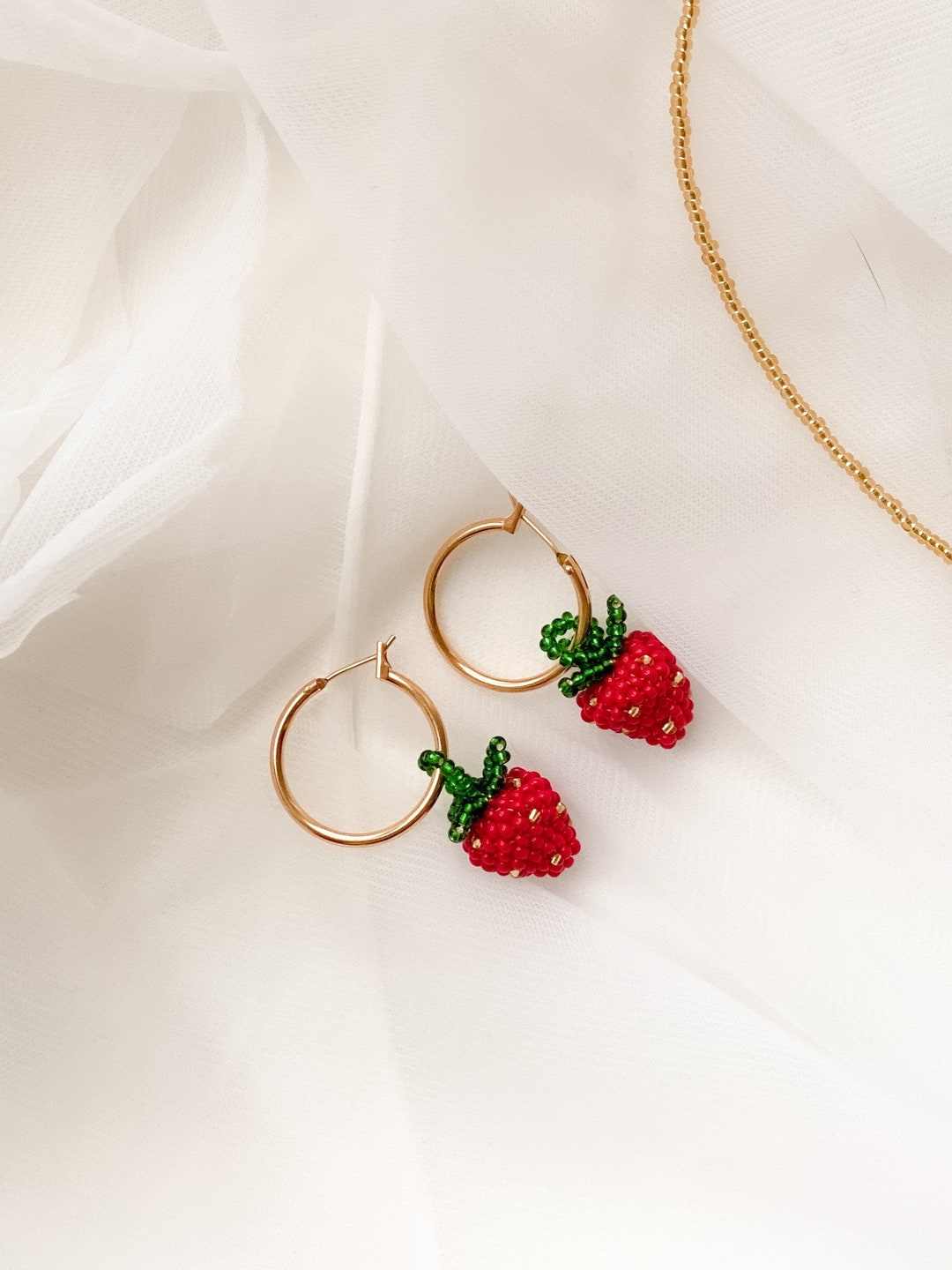 Beaded Strawberry Earrings Glass Beaded Earrings Fruit Earrings Huggie ...