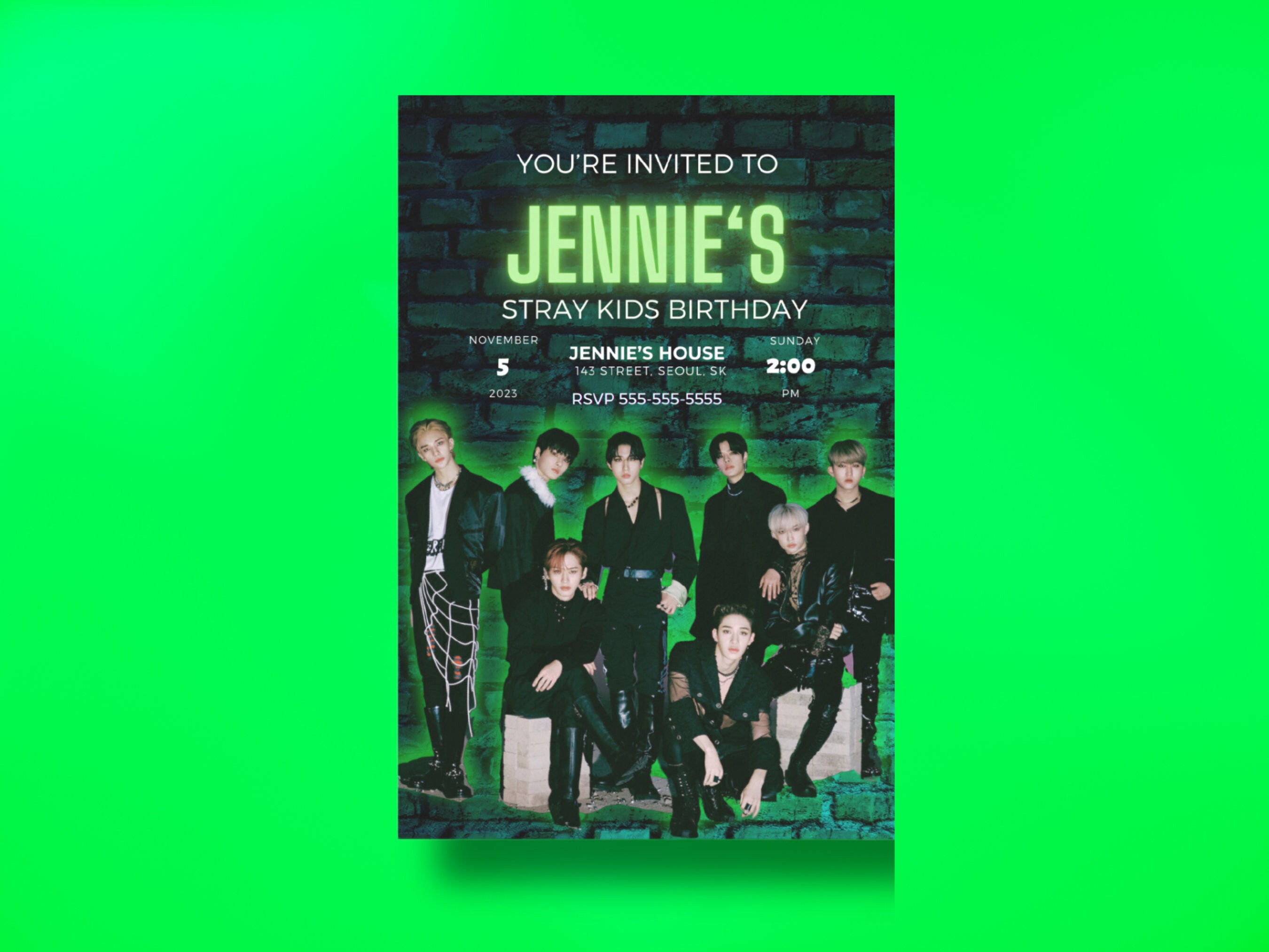 Stray Kids Birthday Invitation Maniac Green Theme - Custom K Pop ...