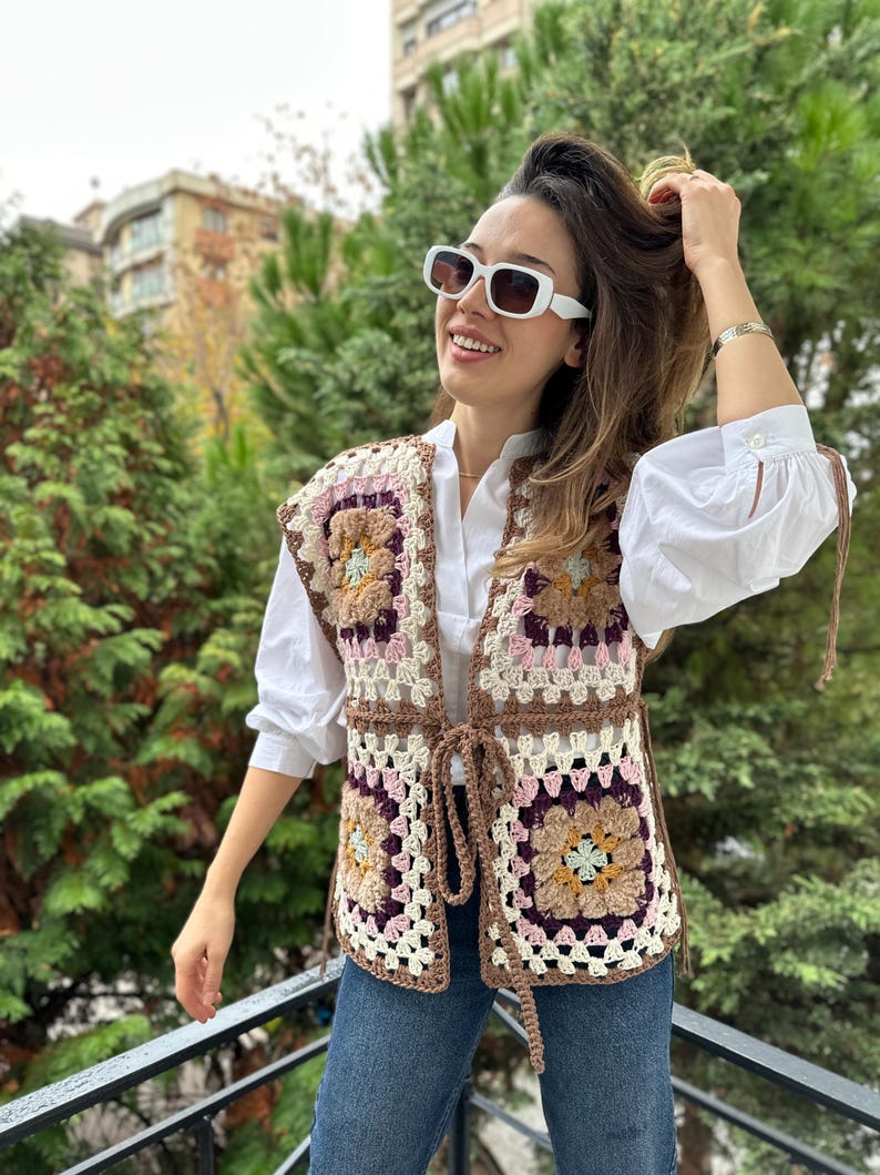 Granny Square Vest, Knitted Patchwork Vest, Crochet Vests, Boho Style ...