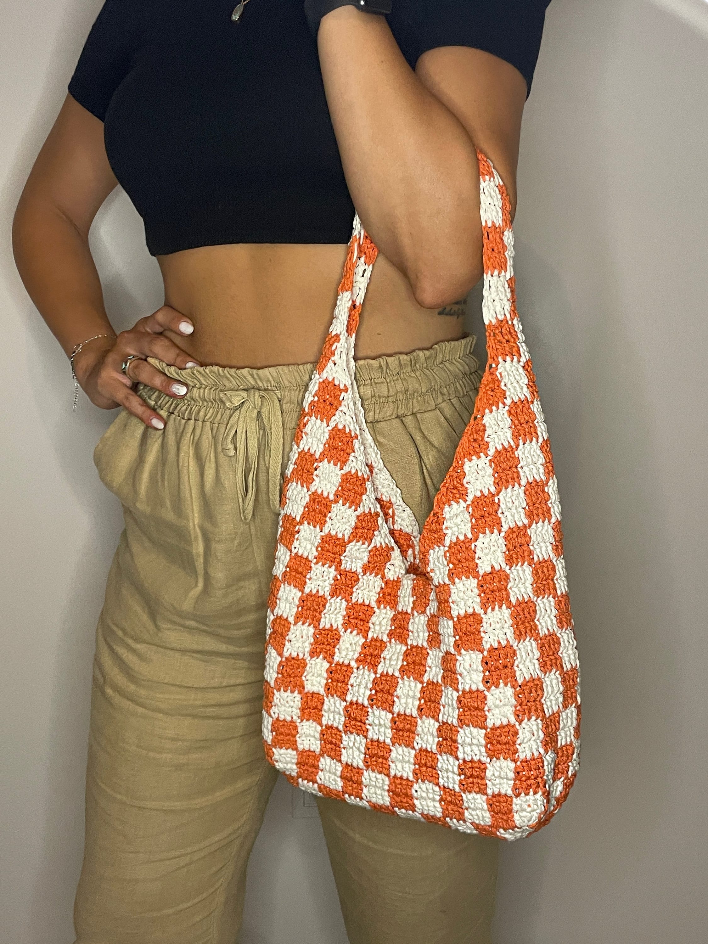 Checkerboard Bag, Orange Checkered Bag, Crochet Bag, Handmade Bag ...