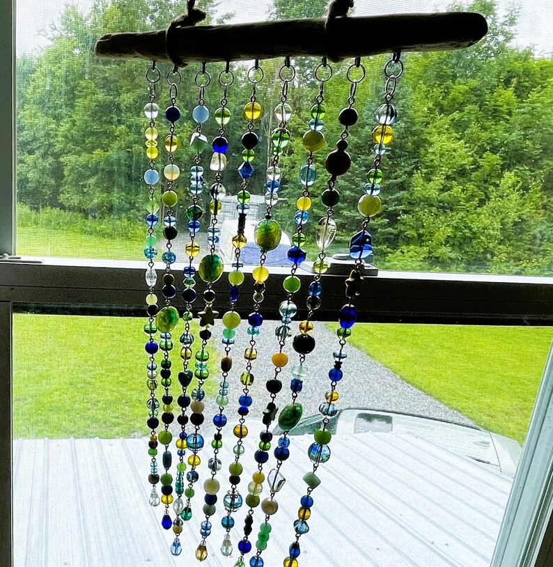 Crystal, Glass Bead, Driftwood Suncatcher, Boho Beaded Window Decor ...