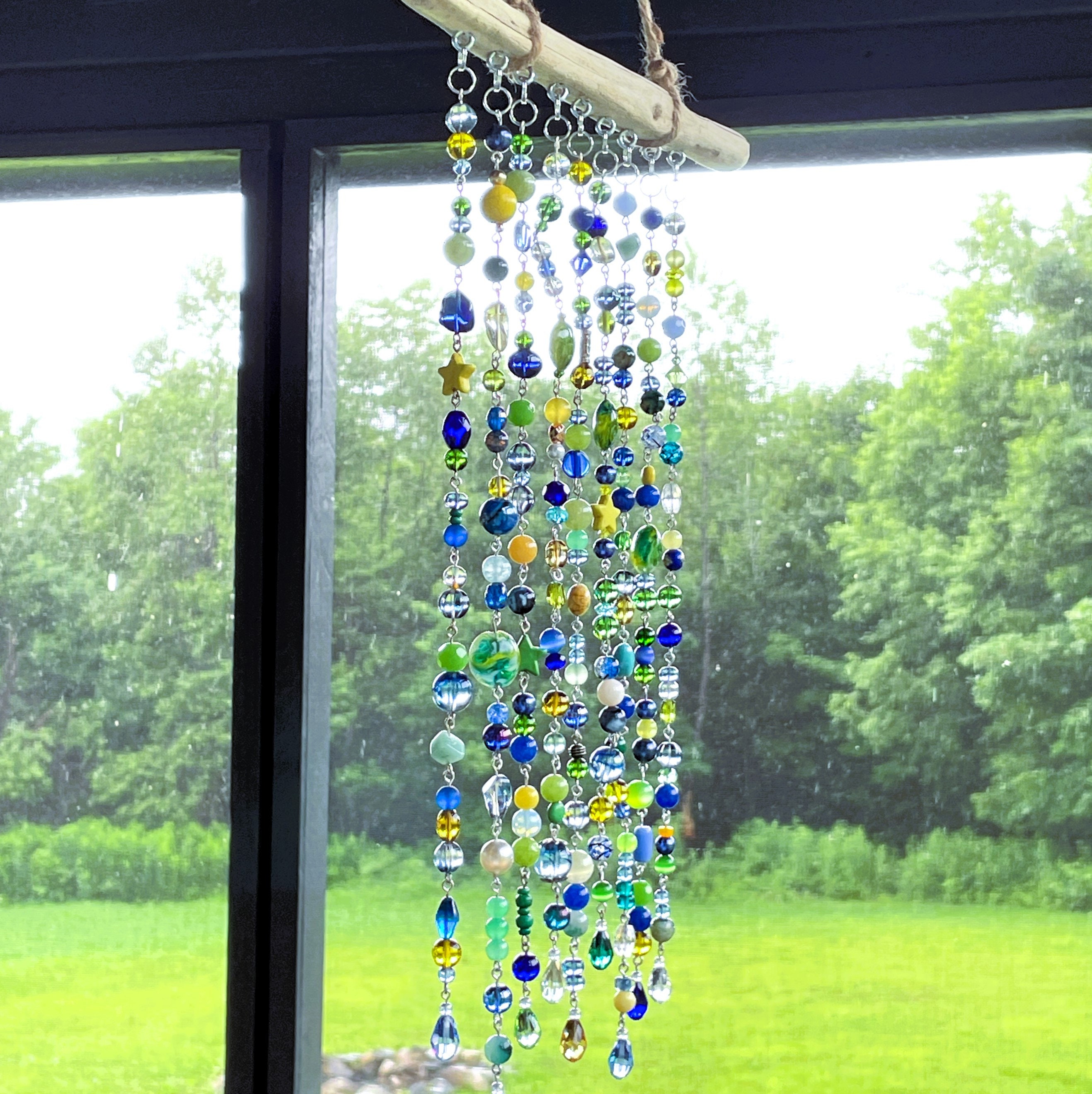Crystal, Glass Bead, Driftwood Suncatcher, Boho Beaded Window Decor ...