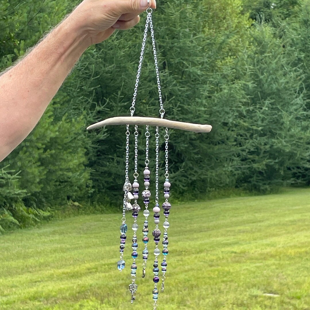 Mini Boho Driftwood Hanger Wind Chime, Sparkling Beaded Suncatcher, Bead Windchime, Porch Patio ...