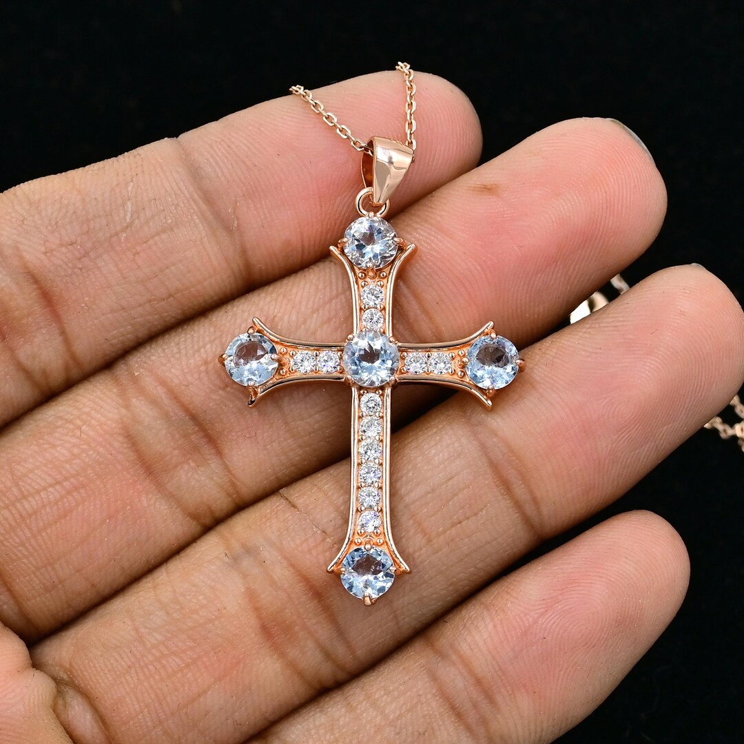 Natural Aquamarine Silver Holy Cross Pendant, Halloween Pendant for ...