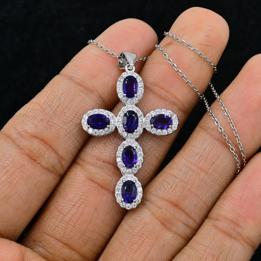 6x4mm Natural Blue Iolite Cross, 925 Sterling Silver, Holy Cross ...