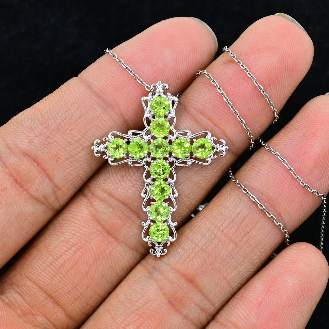 925 Sterling Silver, Natural Peridot Cross Pendant Necklace, August ...