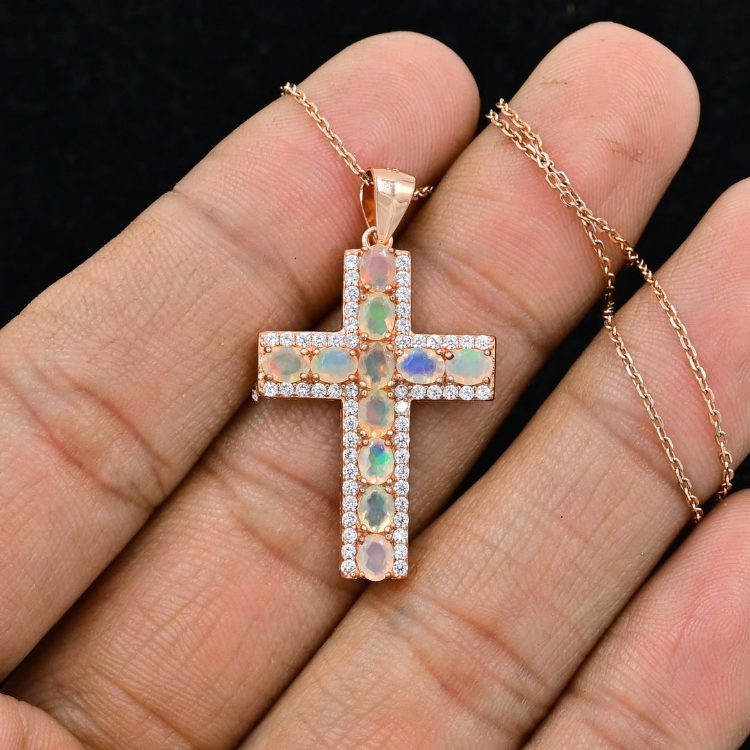 Holy Cross Necklace, Natural Opal Cut Pendant, 925 Sterling Silver ...