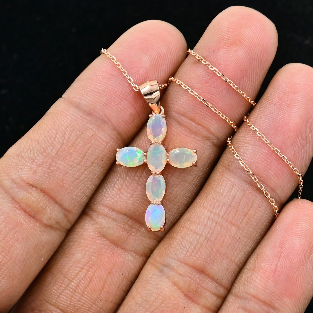 Natural Oval Opal Cross Pendant Necklace, 925 Sterling Silver ...