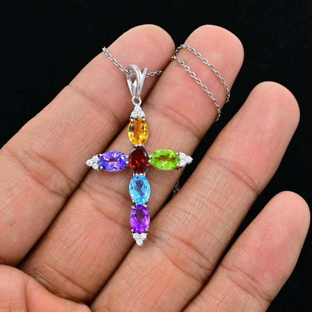 7x5mm Natural Multi Gemstone Cross Pendant, 925 Sterling Silver, Multi ...
