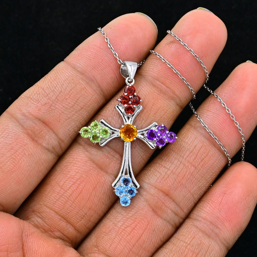 Natural Swiss Blue Topaz Citrine & Multi Stone Cross Pendant, 925 ...