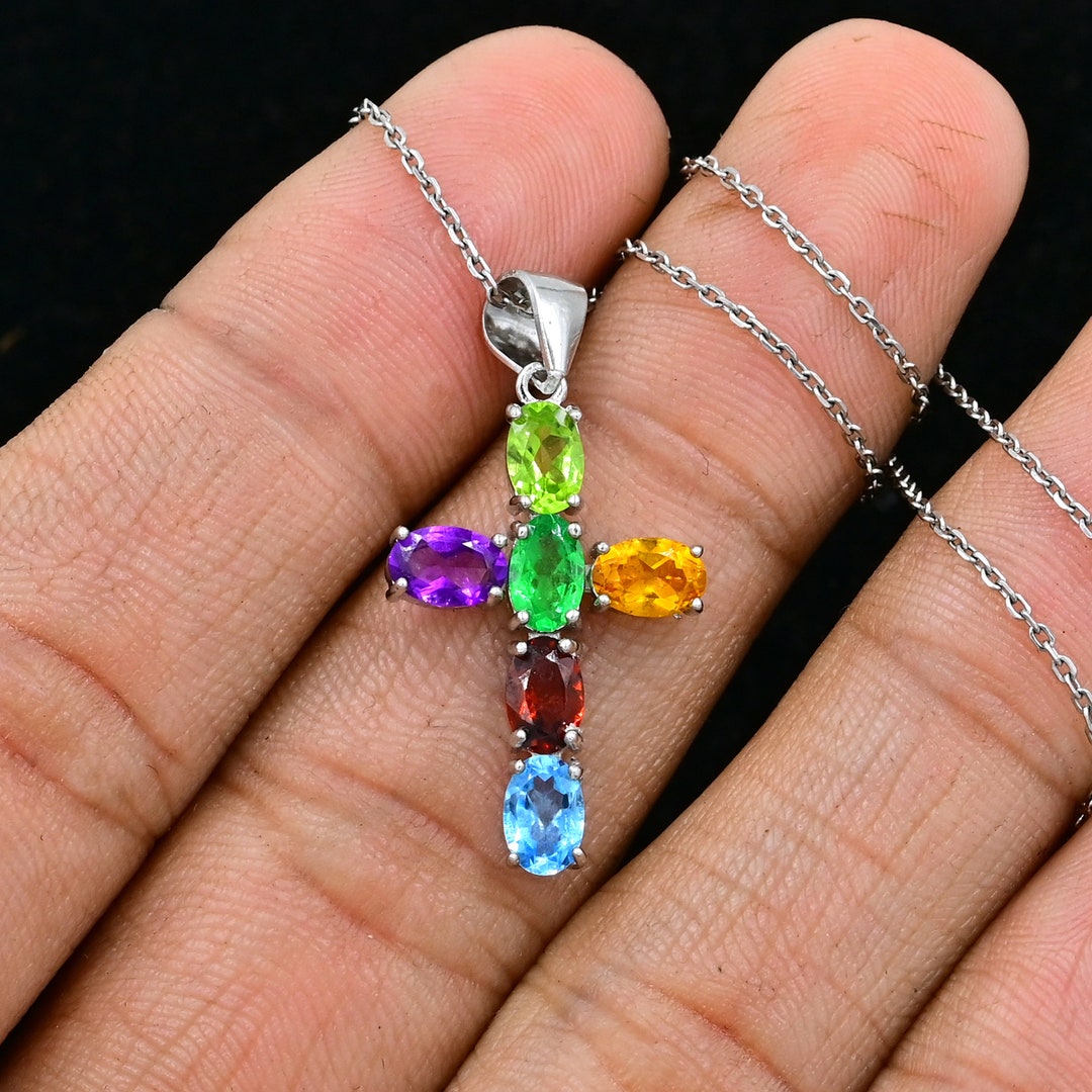 925 Sterling Silver Holy Cross, Natural Blue Topaz Peridot & Mix ...