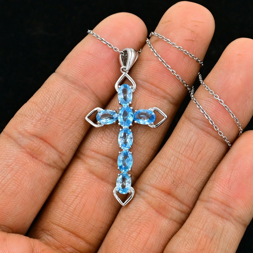 Natural Blue Zircon Holy Cross, Holy Cross Pendant Necklace, 925 ...