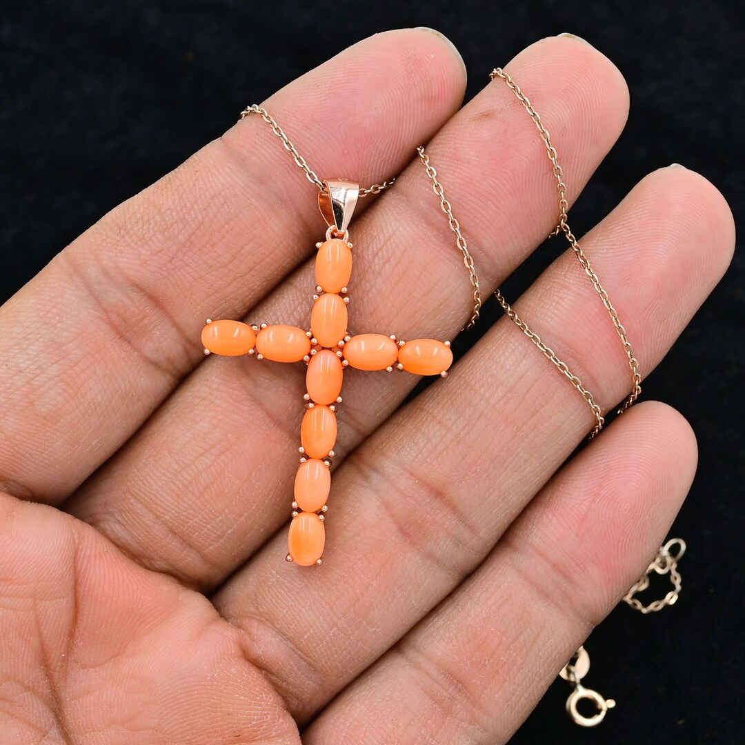 Natural Japanese Coral Cross Pendant, 925 Sterling Silver, Holy Cross ...