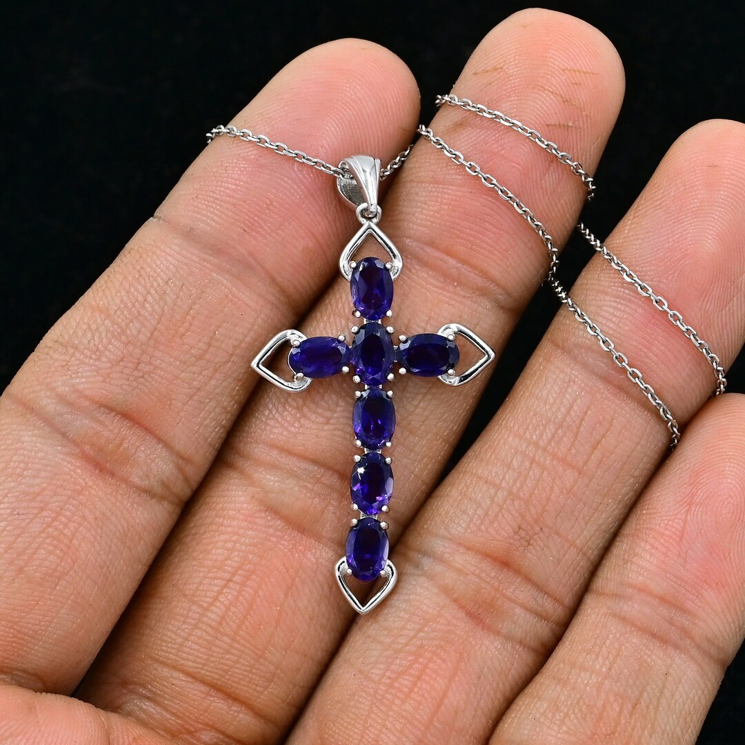 Natural Blue Iolite Cross, 925 Sterling Silver, Holy Cross Pendant ...