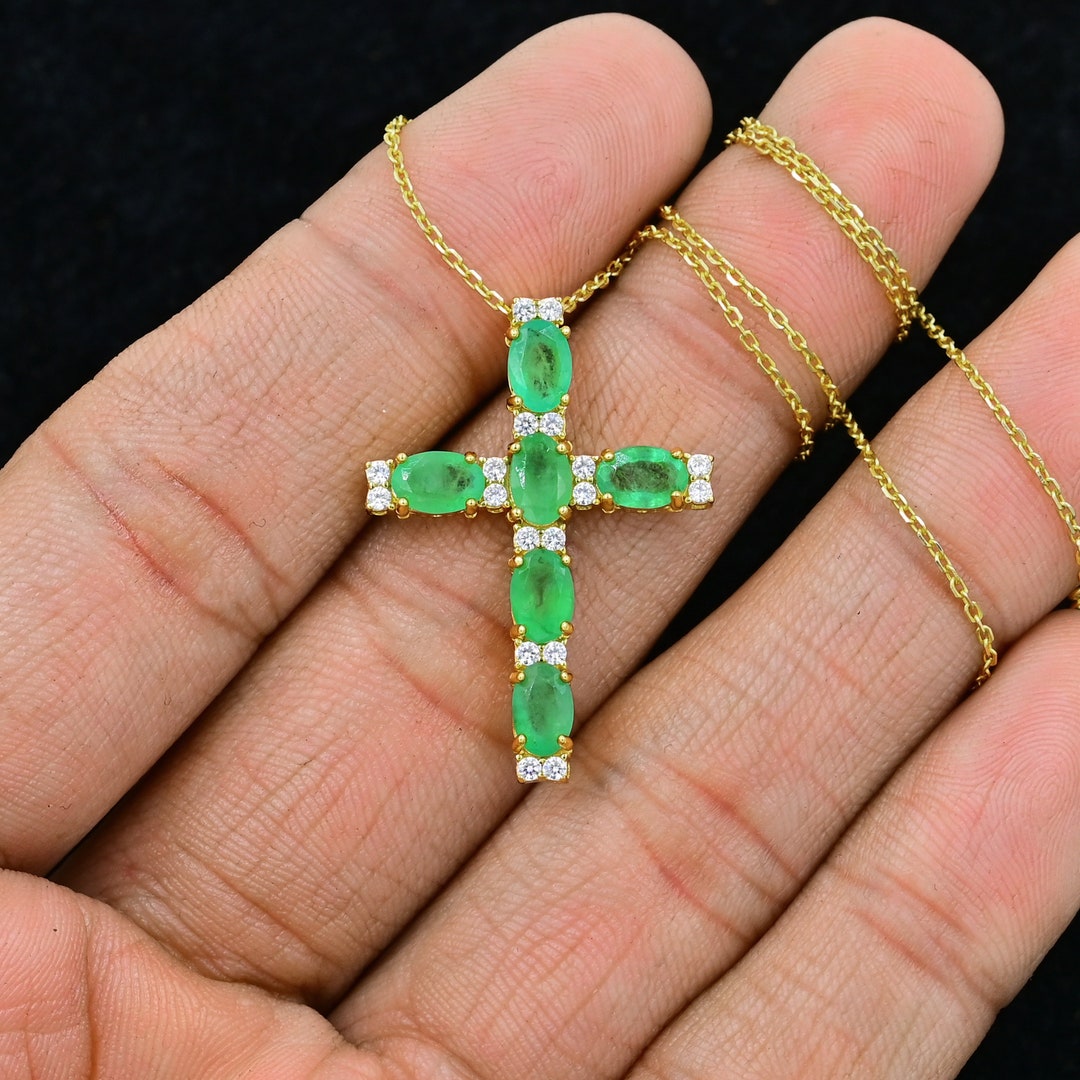 925 Sterling Silver Holy Cross, Natural Emerald Cross Pendant Necklace ...