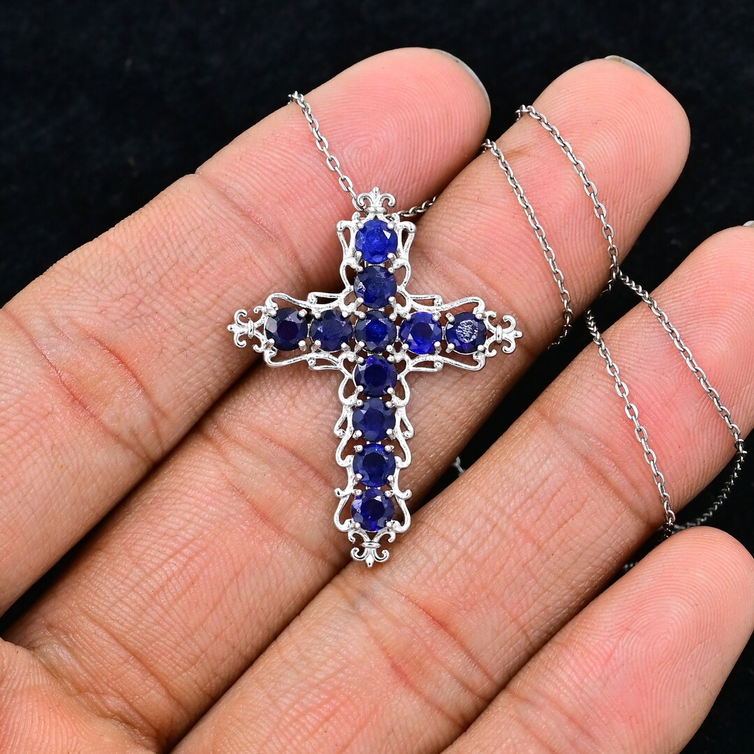 6mm Natural Blue Sapphire Cross Pendant, 925 Sterling Silver, Holy ...