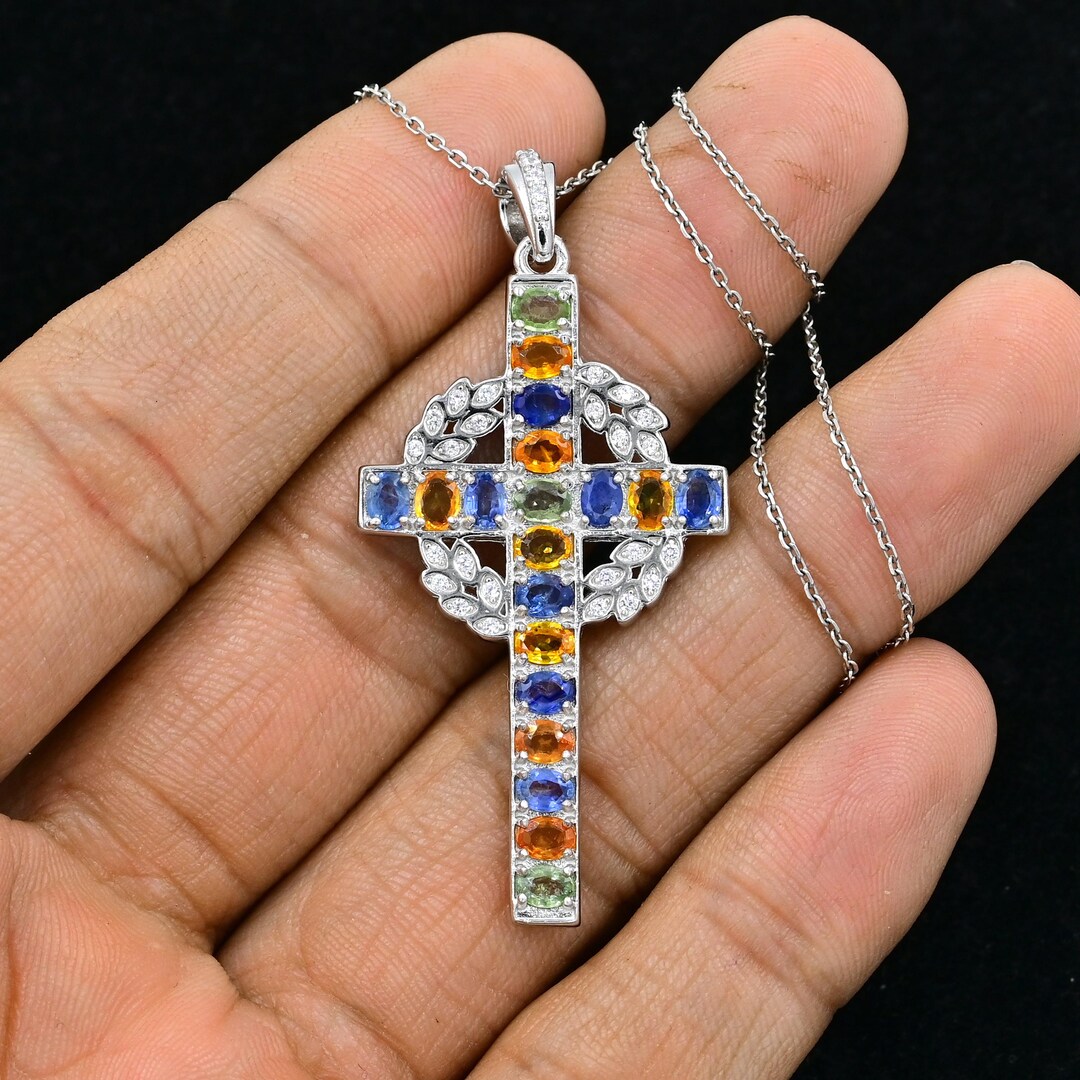 Natural Multi Sapphire Silver Holy Cross Pendant, Solid 925 Sterling ...