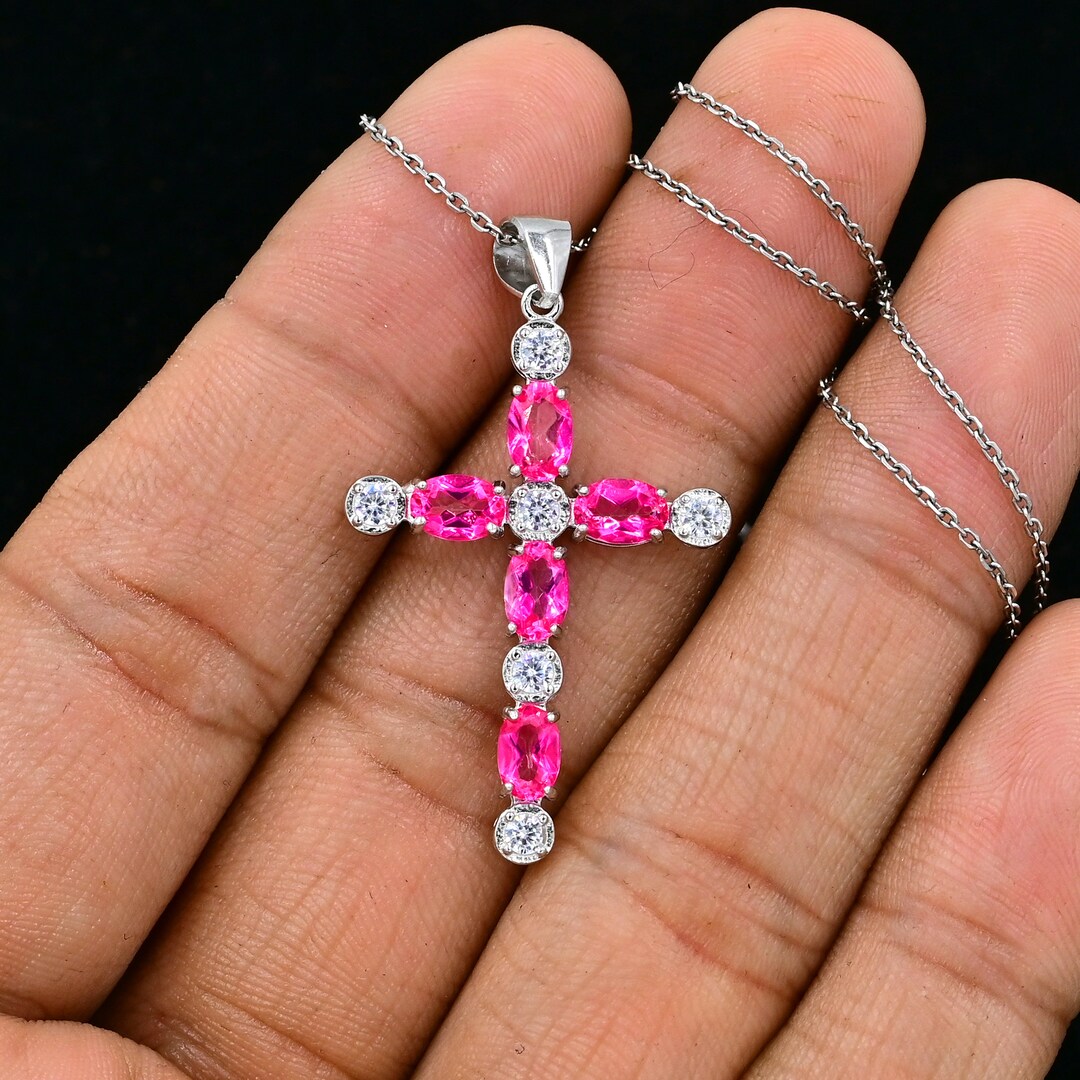 925 Sterling Silver Holy Cross, Natural Pink Topaz Designer Cross ...