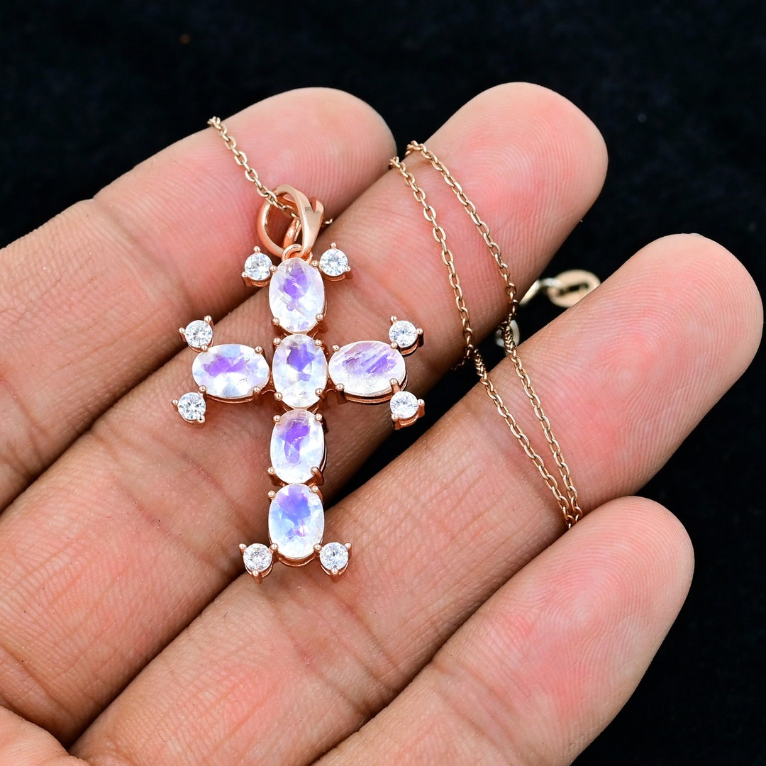 Natural Rainbow Moonstone Holy Cross Pendant, 925 Sterling Silver ...