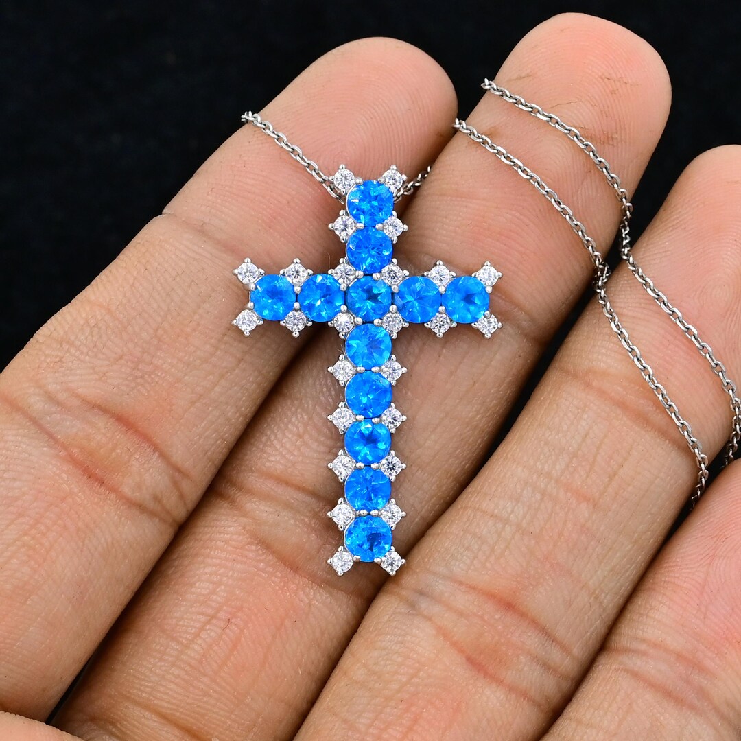 Natural Neon Apatite Silver Holy Cross Pendant, 925 Sterling Silver ...